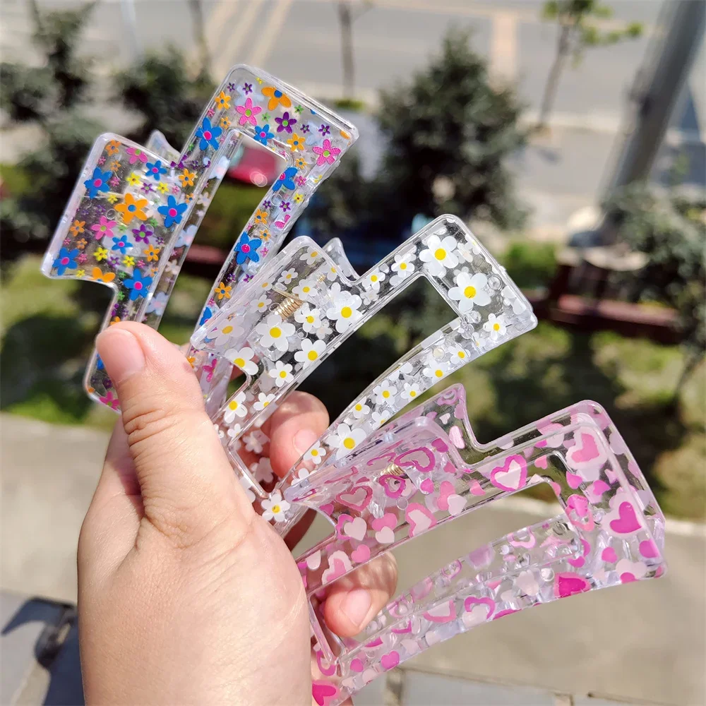 New Women Print Flower Hair Claw Tough Colorful Plastic Clip Large Size ...