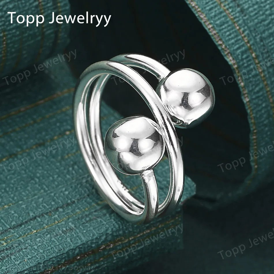 925 Sterling Silver Exquisite Adjustable Double Beads Ring Fashion ...
