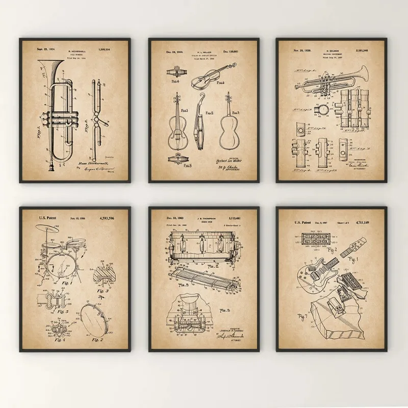 Vintage-Musical-Instrument-Blueprint-Piano-Guitar-Flute-Poster-Print ...