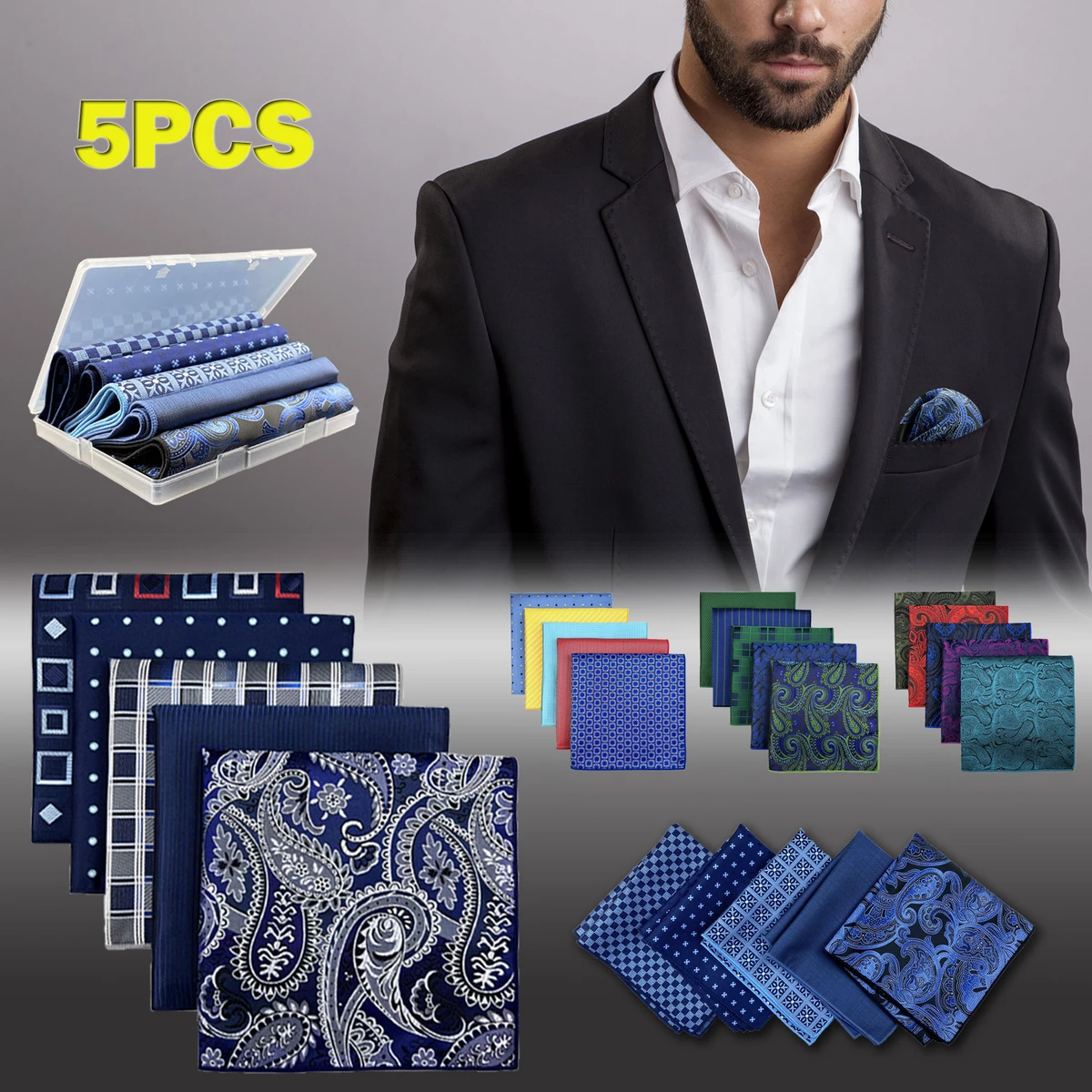 Set-di-fazzoletti-classici-in-seta-quadrata-da-uomo-assortiti-colorati ...