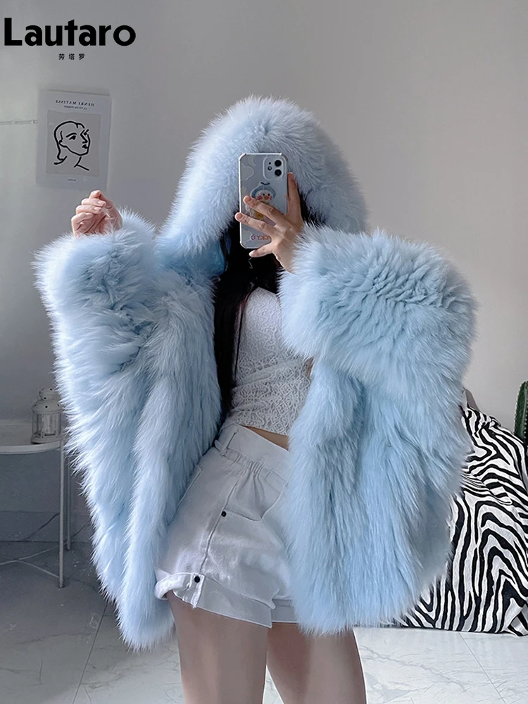 Lautaro Winter Shaggy Hairy Thick Warm Soft Colored Faux Fur Jacket Women with Hood Bat Sleeved ...