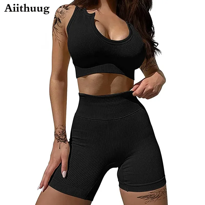 Aiithuug-Workout-Sets-for-Women-2-Piece-Seamless-Ribbed-Sports-Bra-High-Waist-Yoga-Shorts ...