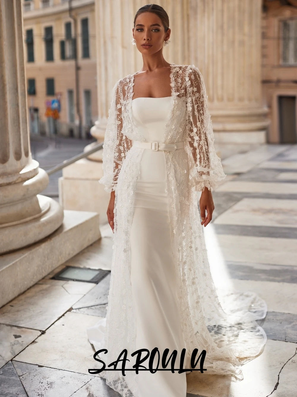 Luxury 2026 Wedding Dress Set, Strapless Satin Mermaid Bridal Gown With ...