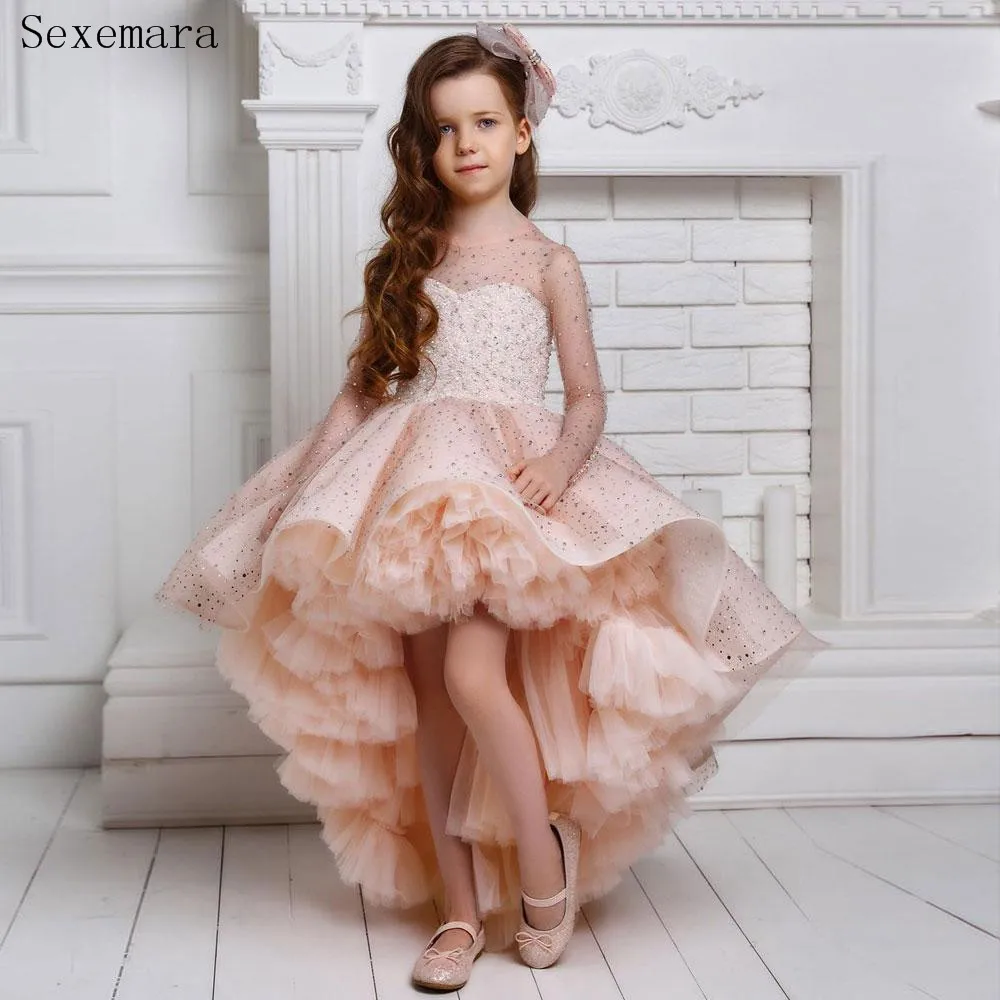 Sparkly-Beaded-High-Low-Girls-Pageant-Dresses-Sheer-Neck-Sequined ...