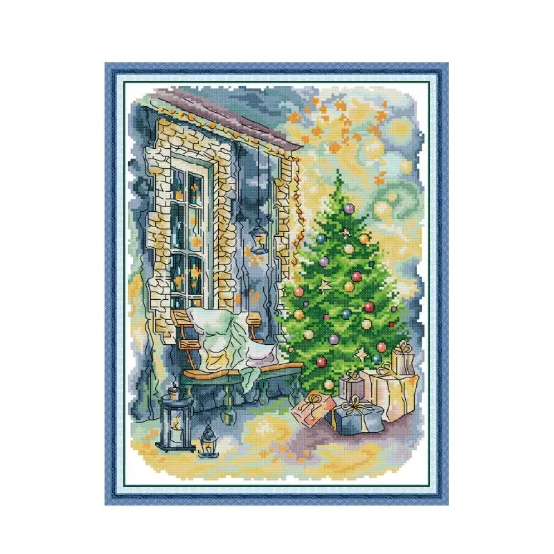 Árbol de navidad en frente de la ventana, pintura, lienzo, 14CT, 11CT, punto de cruz, juegos de ...