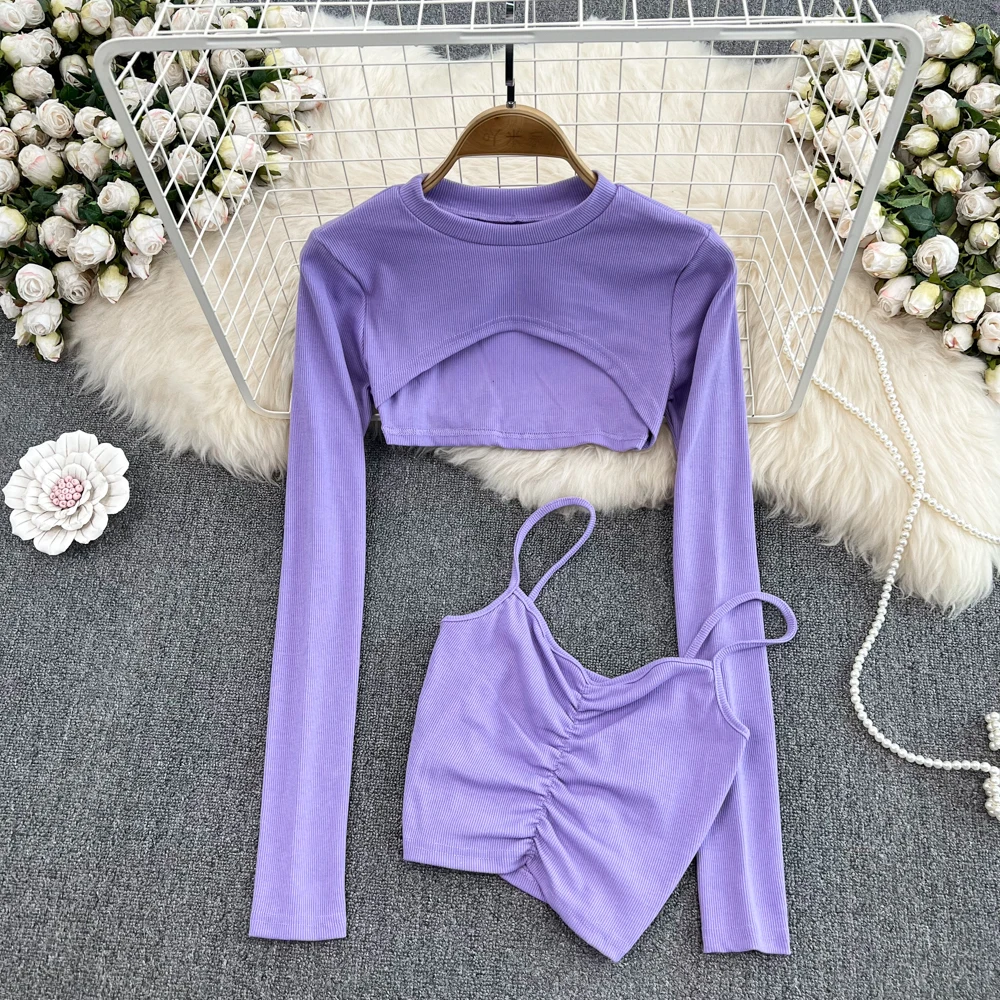 Women Two Pieces Sets Long Sleeve Slim Tshirt With Sexy Pleated Camis ...