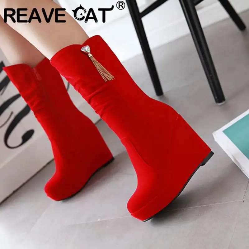 REAVE-CAT-Fashion-Women-Mid-Calf-Boots-Round-Toe-Wedges-11cm-Platform ...
