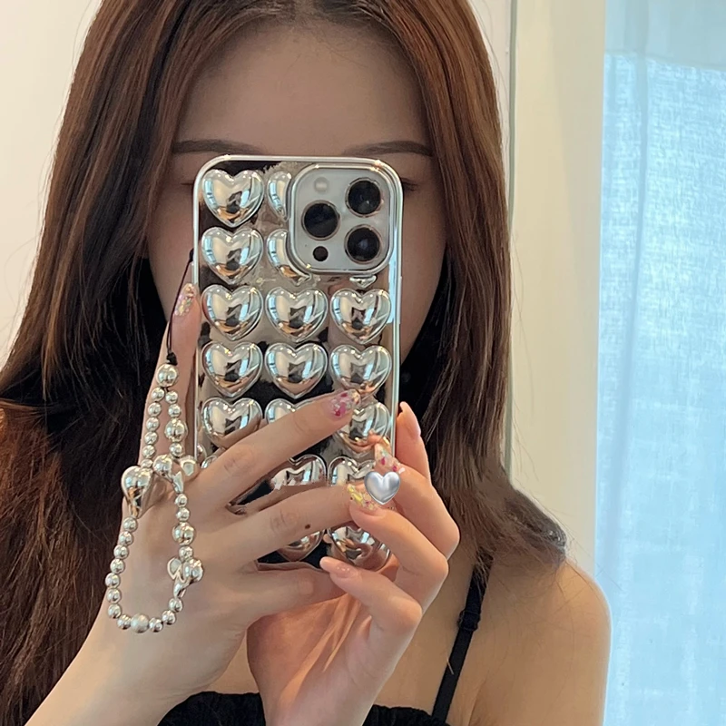 Stylish-3D-Heart-Plated-Silver-Phone-Case-For-iphone-13-12-11-Pro-XS ...