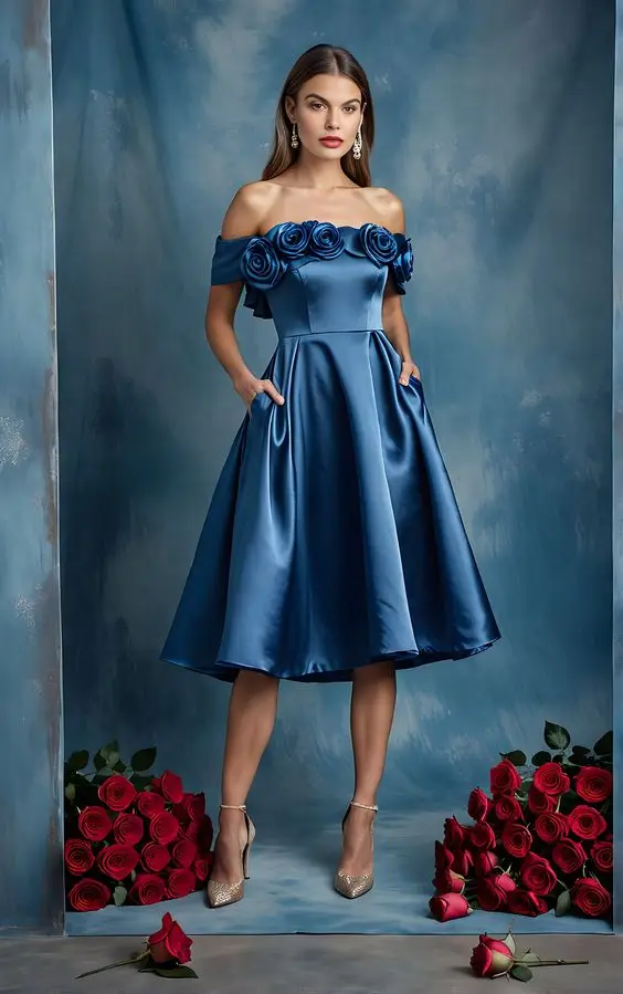 Navy-Blue-Midi-Satin-Prom-Dress-Cocktail-Gowns-Off-Shoulder-Flowers ...
