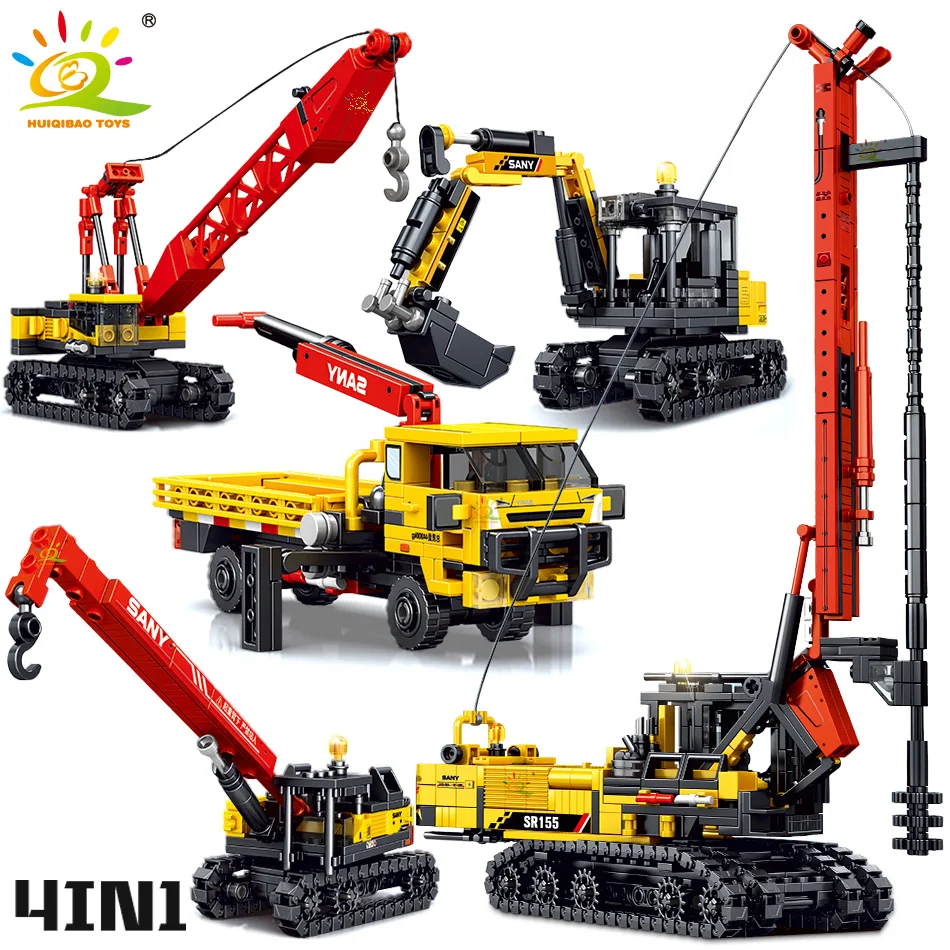 HUIQIBAO-884PCS-4in1-Engineering-Piling-Machine-Building-Block-Crane ...