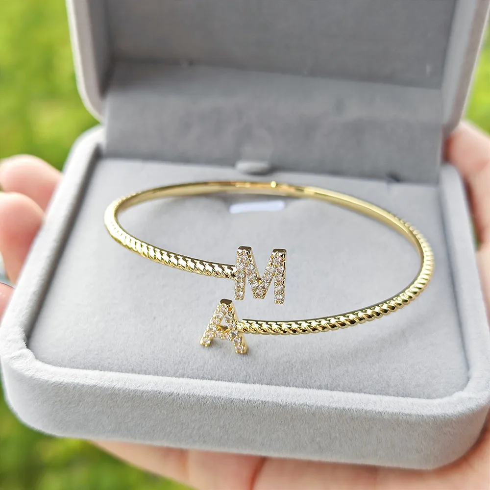 Custom-26-English-Letters-Bangle-Zircon-Inlaid-Spiral-Gold-Plated ...