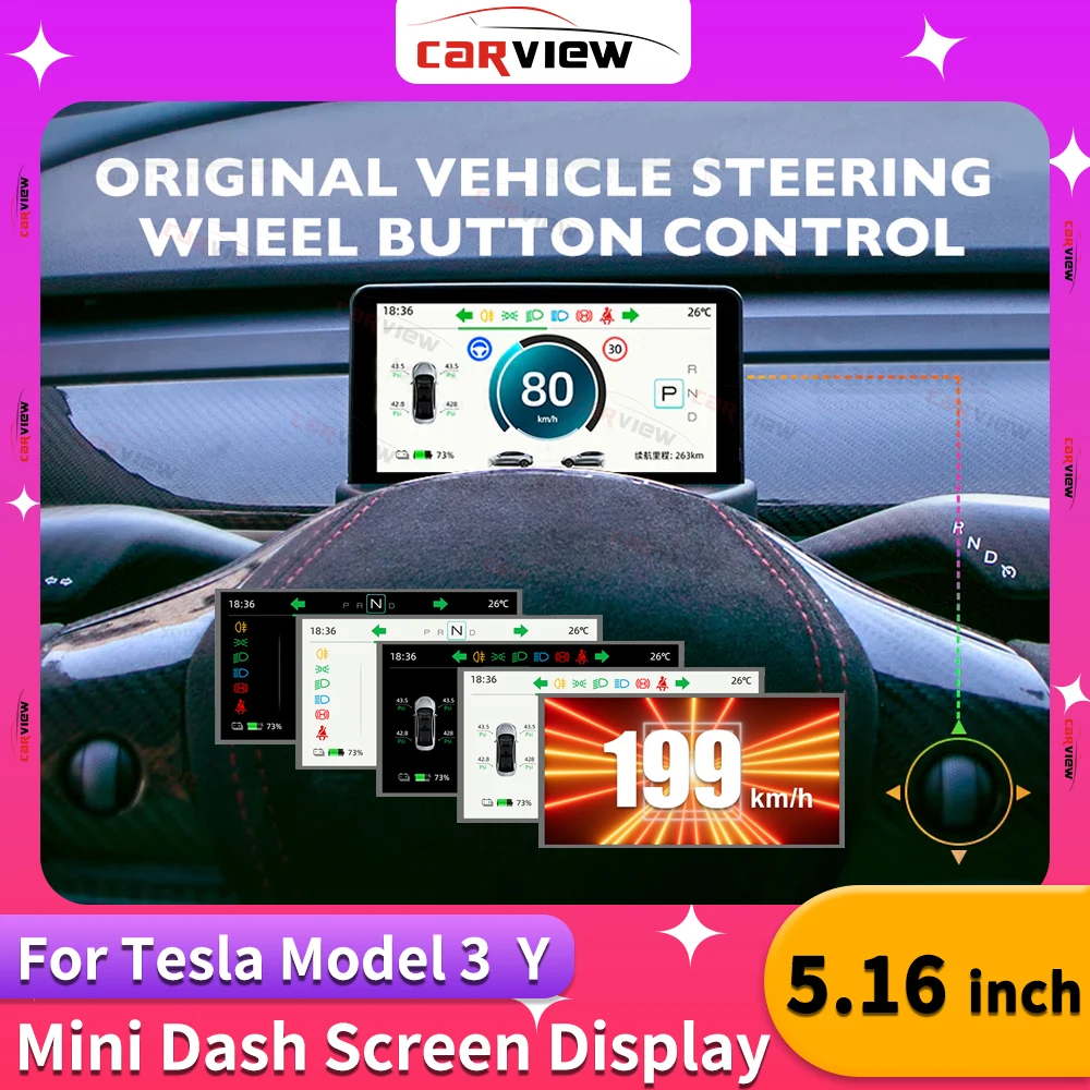 CARVIEW 5.16'' Mini Dash Screen Display For Model Y Model 3 Heads Up Display 2.5D IPS HD ...
