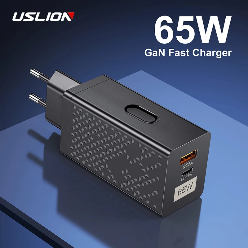 USLION-65W GaN USB 충전기 PD 고속 충전 QC 4.0 3.0 EU KR US 플러그 벽 충전기 어댑터, 아이폰 Xiaomi POCO 전화 충전기