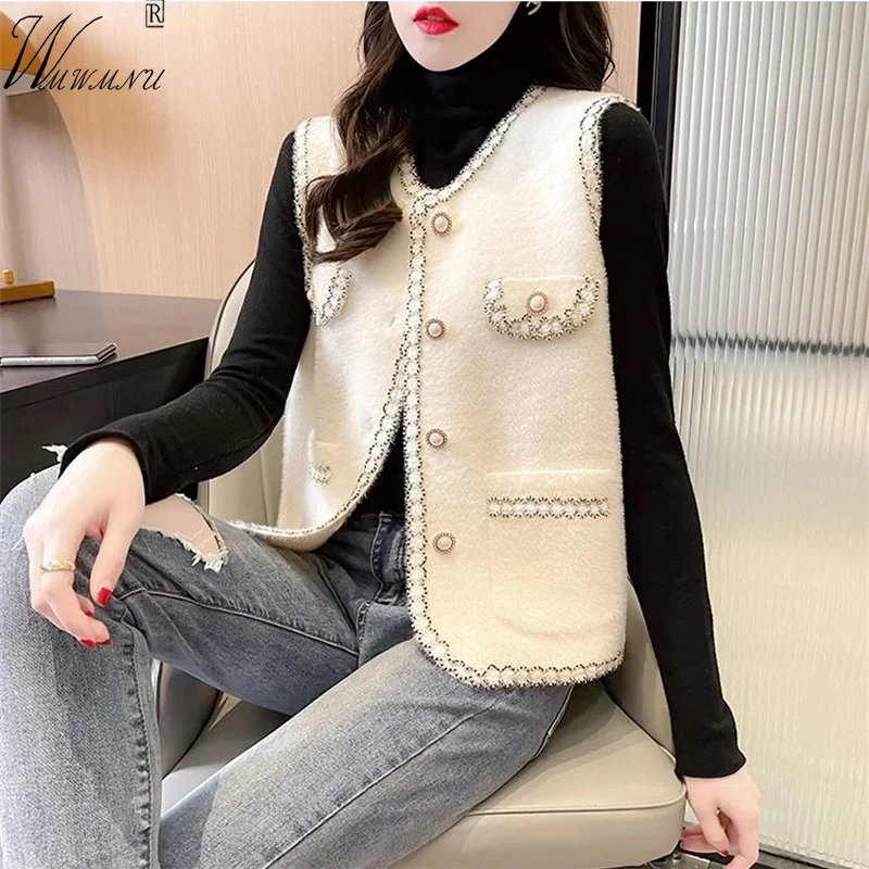 Korean Fashion Mink Velvet Vest Elegant Chic Pearl Single Breasting ...