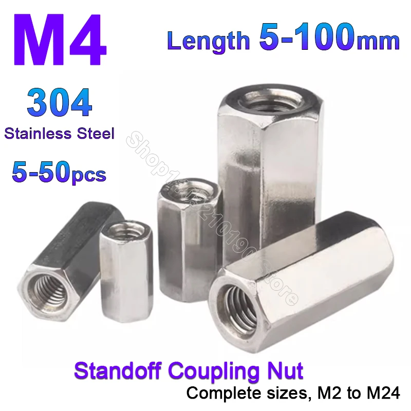 5-50pcs-M4-304-Stainless-Steel-Standoff-Rod-Long-Coupling-Nut-Hex-High ...