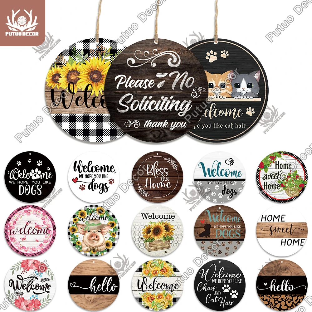 Putuo Decor Welcome Round Wood Signs Rustic Wooden Plaque Wall Decor ...