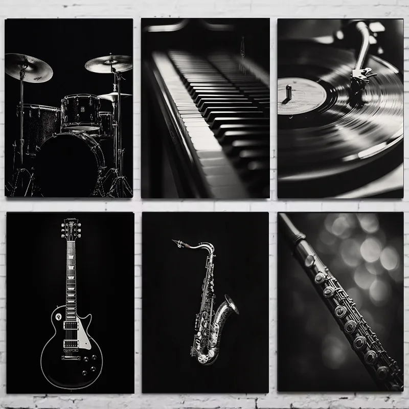 Modern Black and White Music Instrument Poster Guitar Drum Piano ...