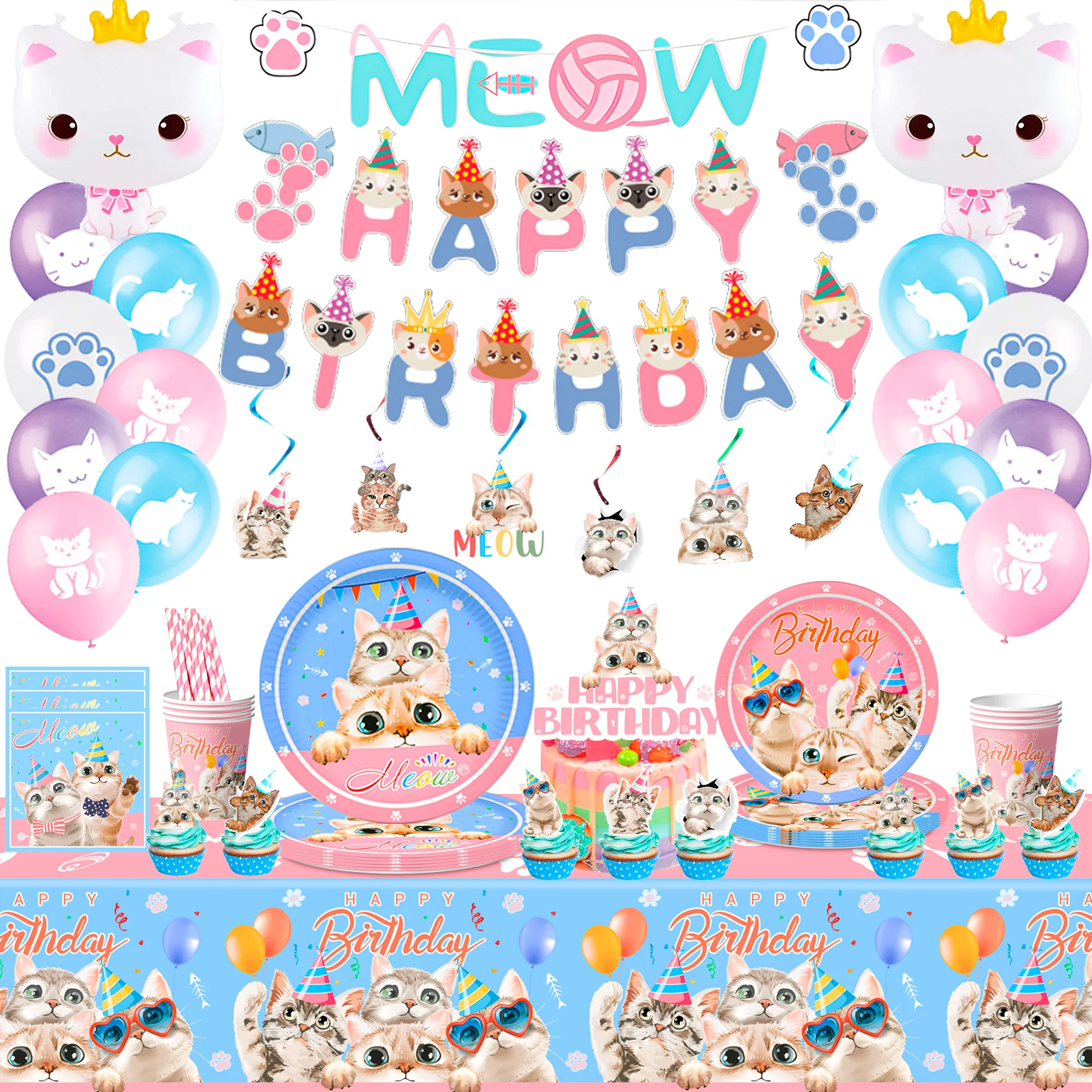 Cat Birthday Party Supplies,116pcs Party Decorations&Tableware Set ...