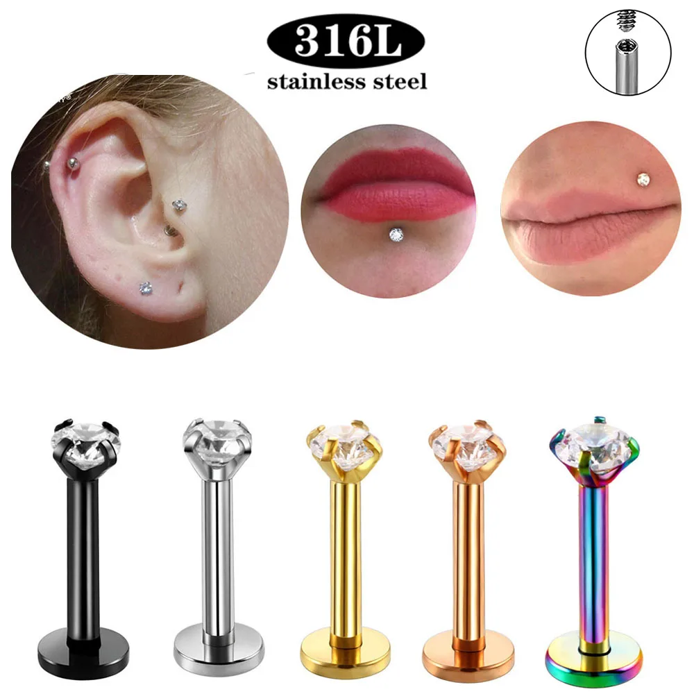 Stainless-Steel-Labret-Piercing-Internal-thread-insertion-Zircon-Nasal-Nail-Piercing-Body ...