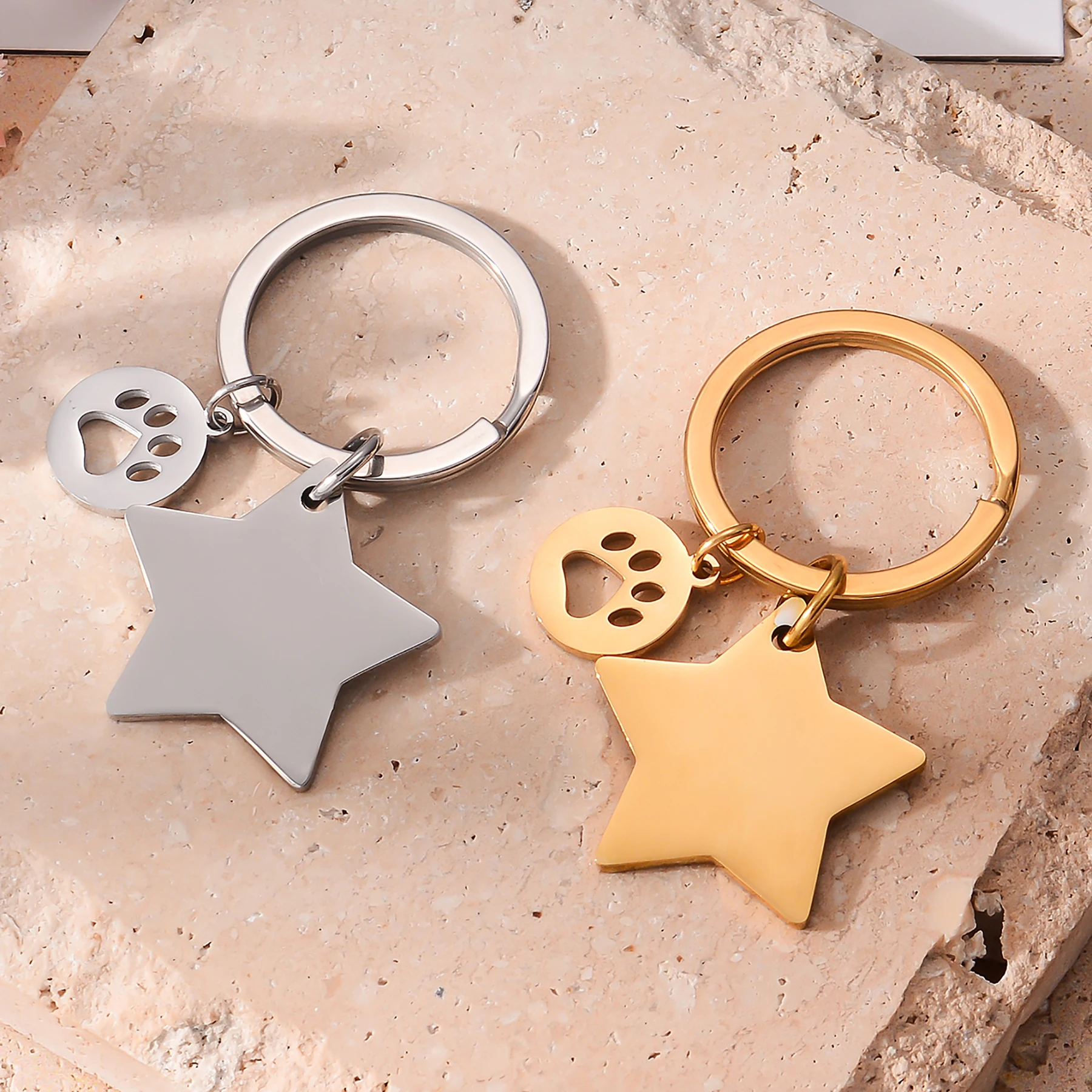 10Pcs New Stainless Steel Star Keychain with Pet Paw Blank Anti-lost ...