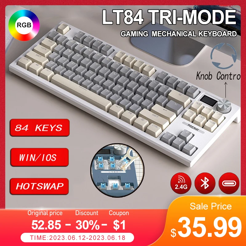 LT84 oyun kablosuz mekanik klavye RGB 3 mode tip c 2.4G Bluetooth ...