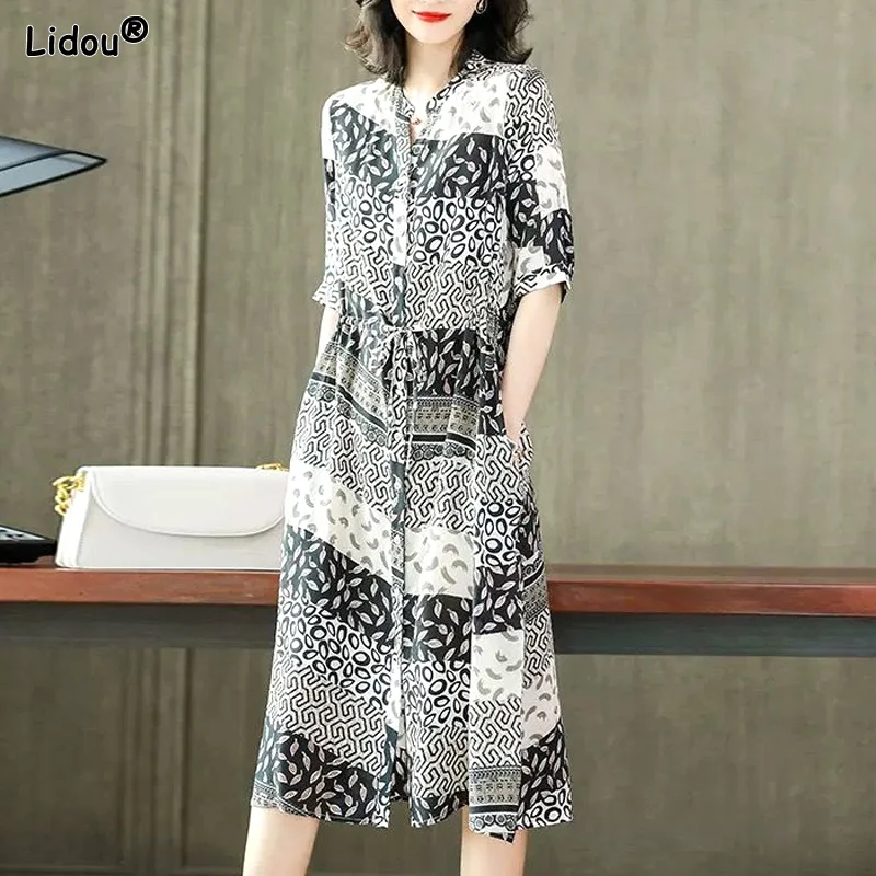 Dresses-Printing-Loose-Lacing-Streetwear-Elegant-Vintage-V-neck-Women-s ...