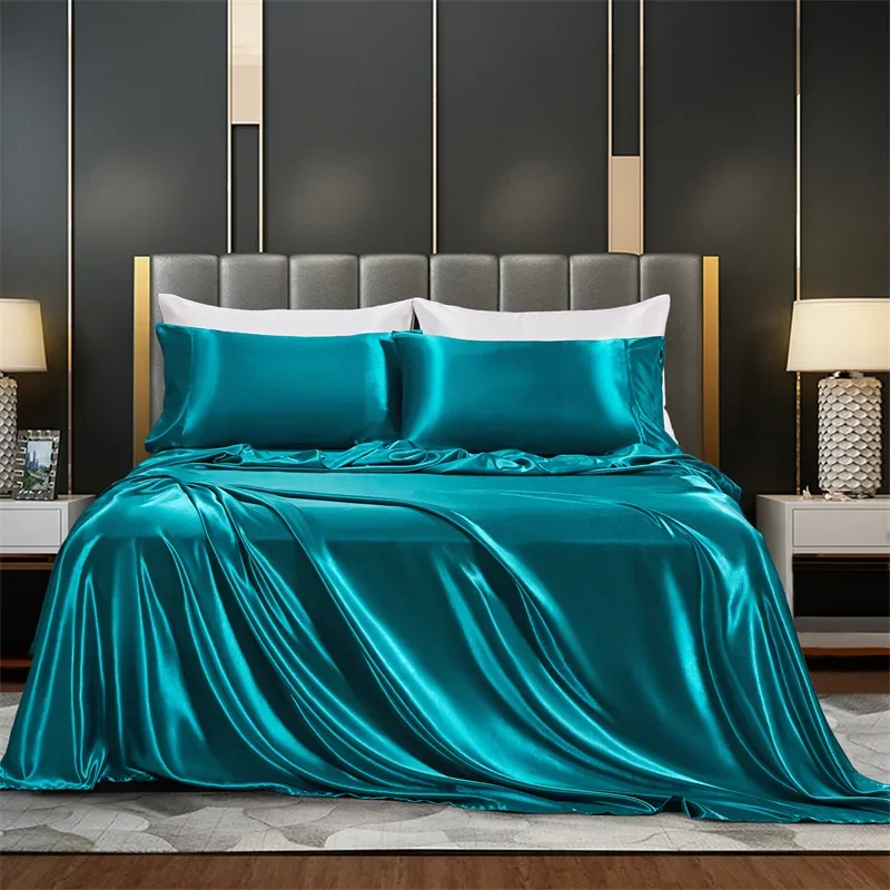 Summer-Luxury-Satin-Silk-like-Bed-Sheet-Set-Flat-Sheet-Fitted-Sheet ...