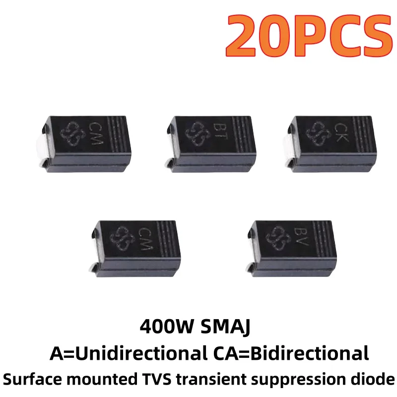Diodo SMD das tevês, 400W, DO-214AC, SMAJ3.3A 3.3CA SMAJ5.6 5.0A 5.0CA ...