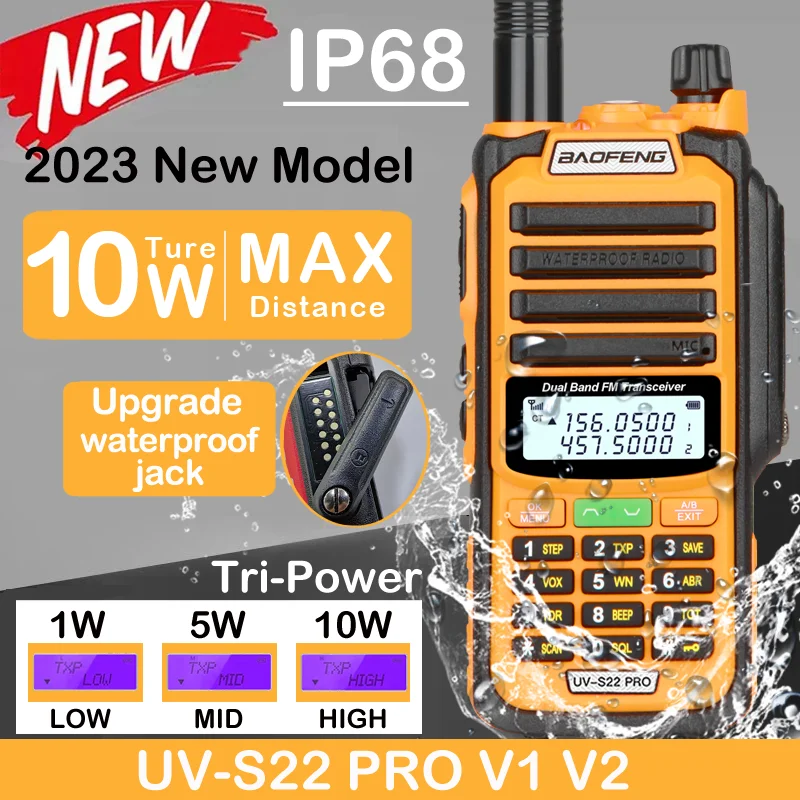 2023 baofeng uv s22 pro v2 ip68 à prova dip68 água 10w potência walkie talkie tipo c carregador ...