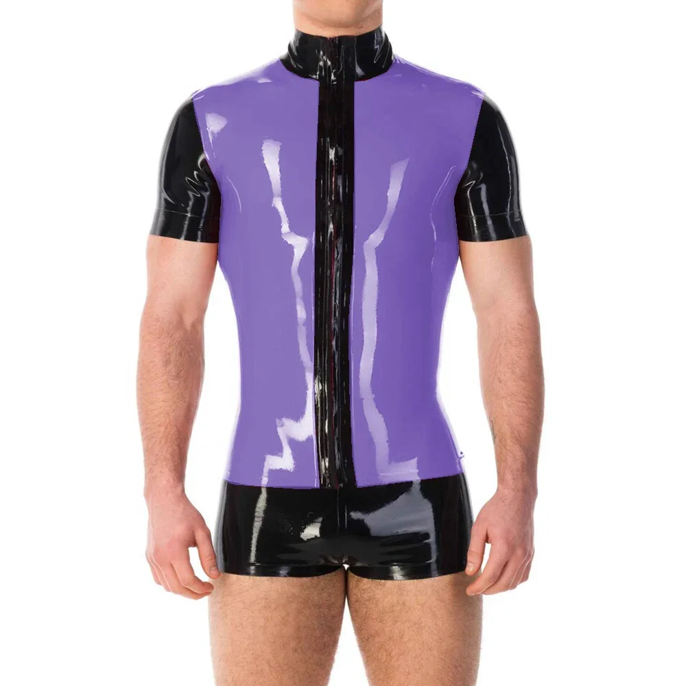 Mens Patchwork Tops Wetlook PVC Leather Short Sleeve Shirts Sexy Male ...