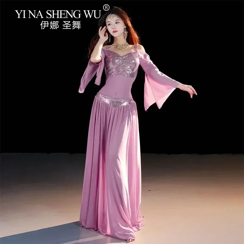 Oriental Women's Belly Dance Performance Costume Set Mesh Long Sleeves ...