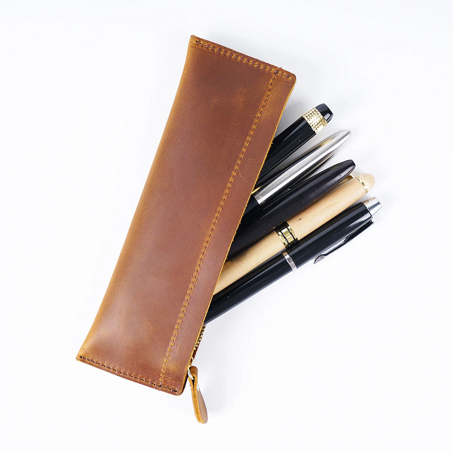 Genuine Leather Handmade Zipper Pencil Case Retro Cowhide Pen Bag ...