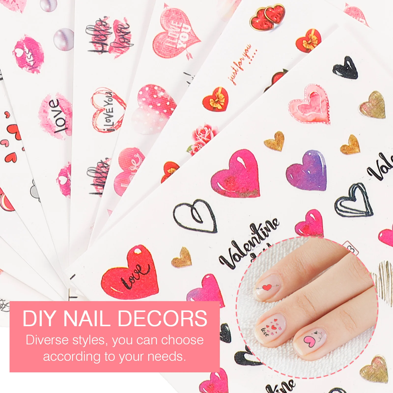 10 Sheets Heart Nail Stickers, Valentines Day DIY Fingernail Decoration ...