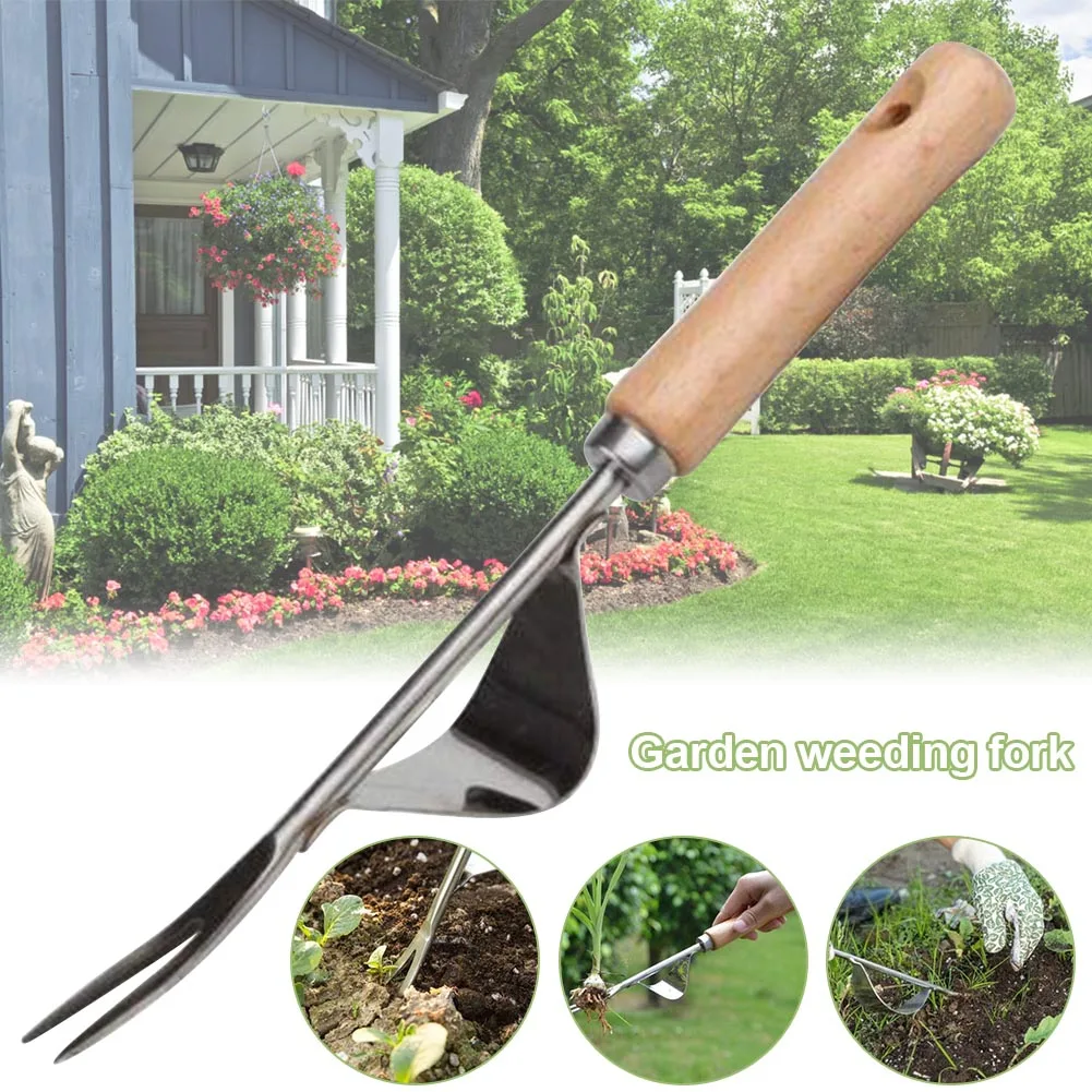 Stainless-Steel-Wood-Handle-Garden-Weeder-Hand-Weeding-Removal-Cutter ...