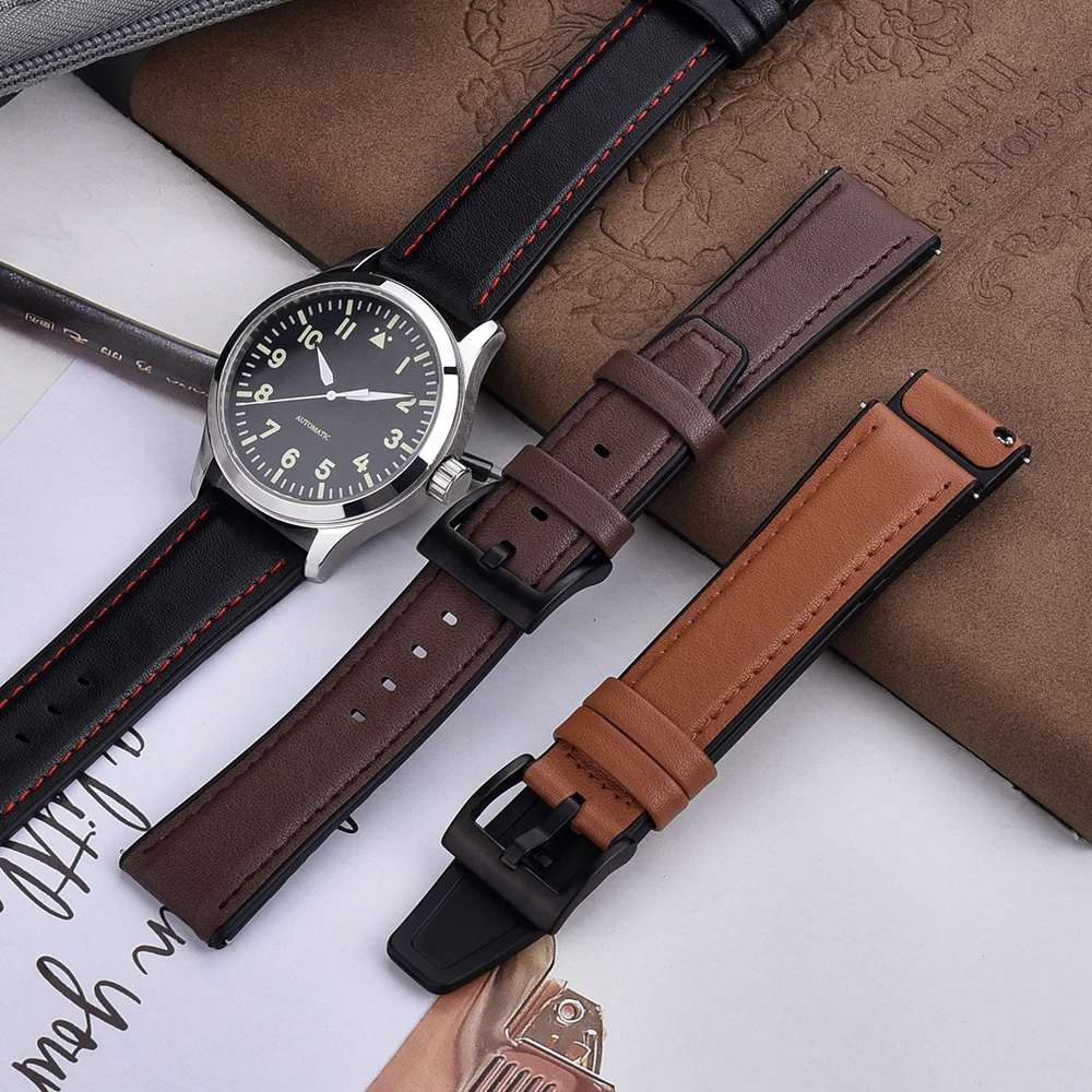 Top-Leather-Silicone-Watch-Strap-20mm-22mm-Soft-Material-Silicone-Watch ...