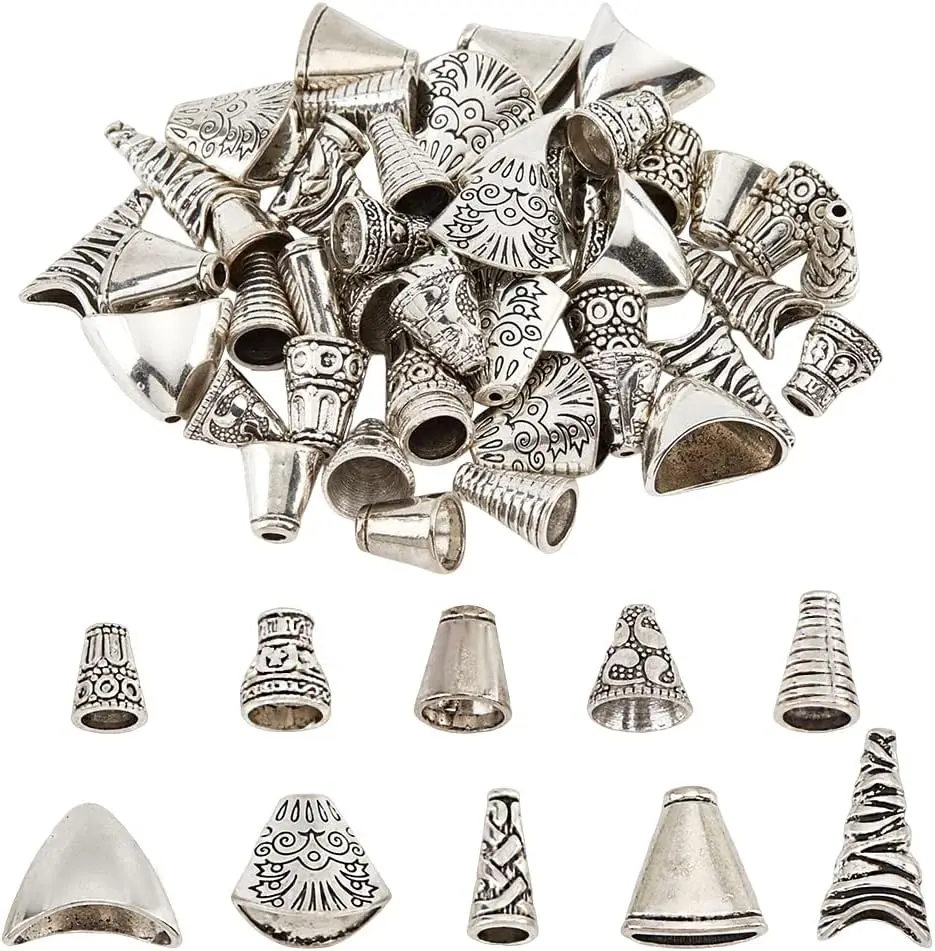 50 Pcs Cone Bead Caps 10 Styles Tibetan Style Alloy Flower Spacer Beads ...