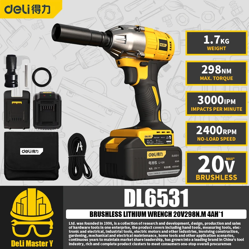 DeLi DL6531 Brushless Cordless Lithium Wrench 20V Lithium Power Tools ...