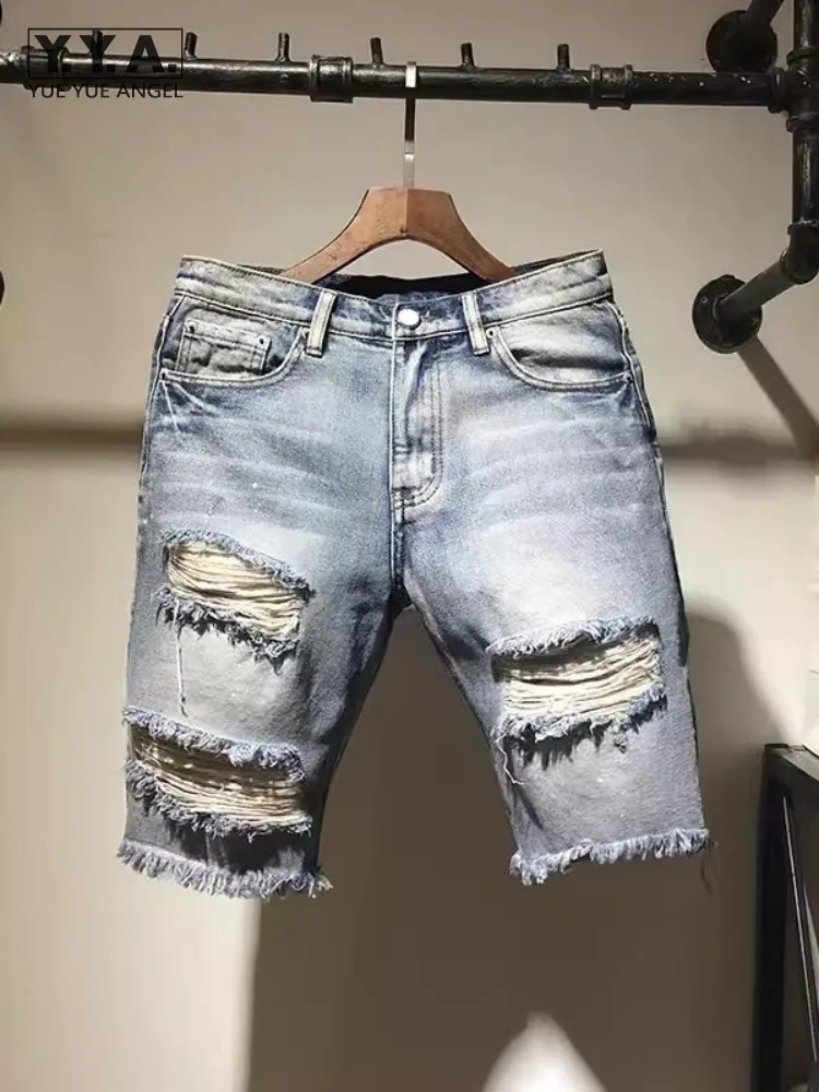 Summer-Cotton-Casual-Mens-Denim-Shorts-Button-Ripped-Hole-Hip-Hop-Knee ...