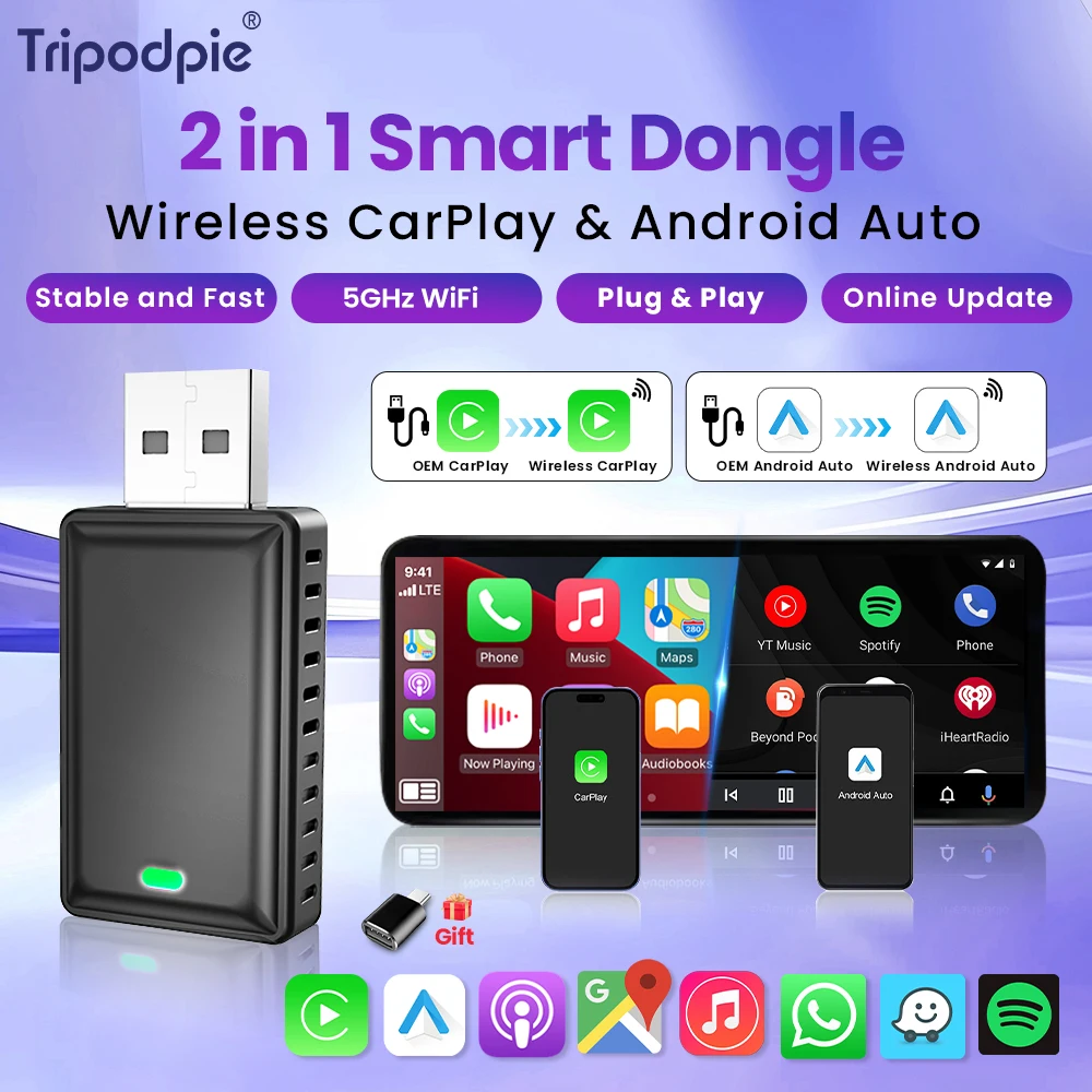Trípodeca 2 en 1, adaptador inalámbrico Carplay, Android Auto, Dongle ...