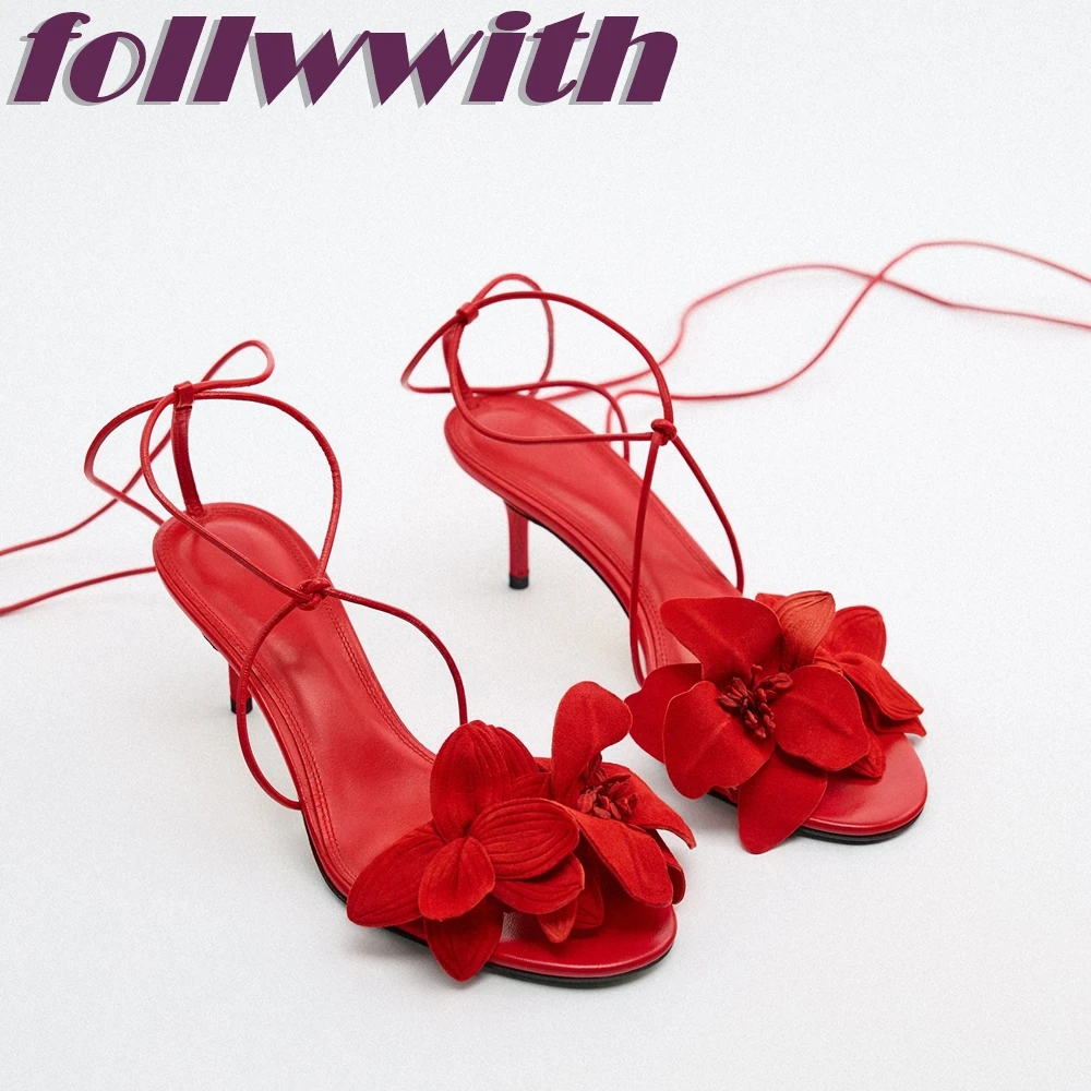 Ladies-Solid-Red-Flowers-Sandals-Lace-Up-Unique-Sexy-Sandals-Cross-Tied ...