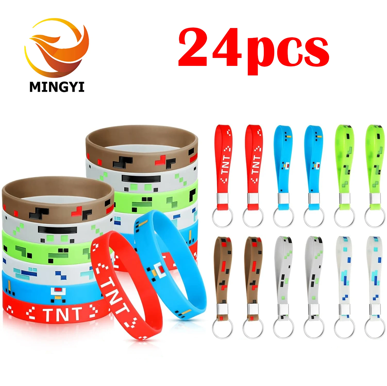 24pcs-wristbands-and-key-chain-set-Pixelated-Theme-Bracelet-Miner ...