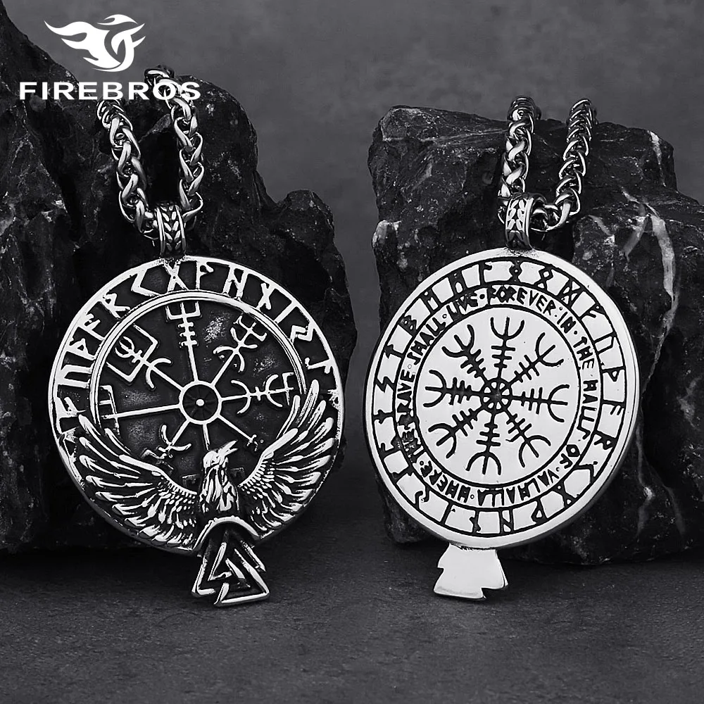 FIREBROS-Stainless-Steel-Vegvisir-Odin-Rune-Crow-Pendant-Helm-of-Awe ...