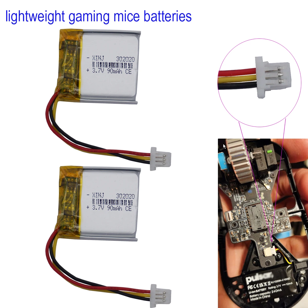 2pcs 3.7V 90mAh 0.333Wh Li-Polymer Li Lithium Battery 302020 JST 3Pin 1 ...