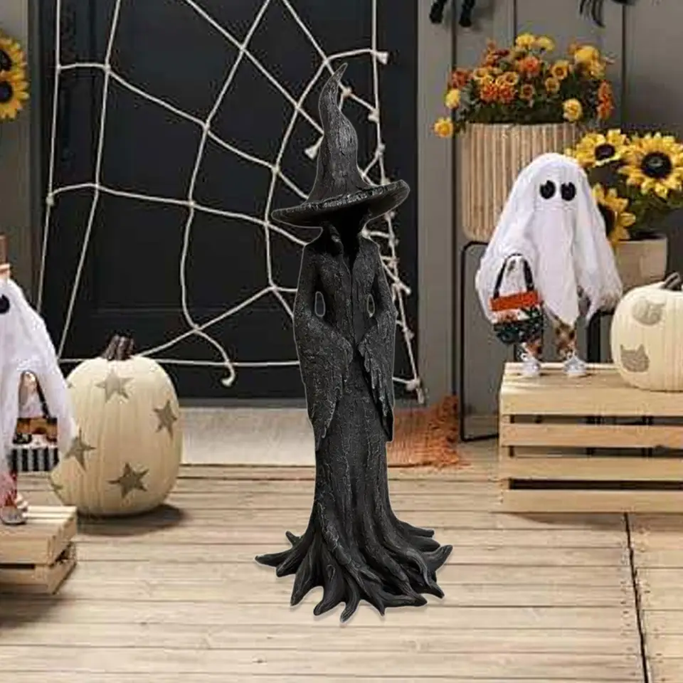 Iiipu Shadow Witch Halloween Witch Statue, Witch With Crow Statue ...