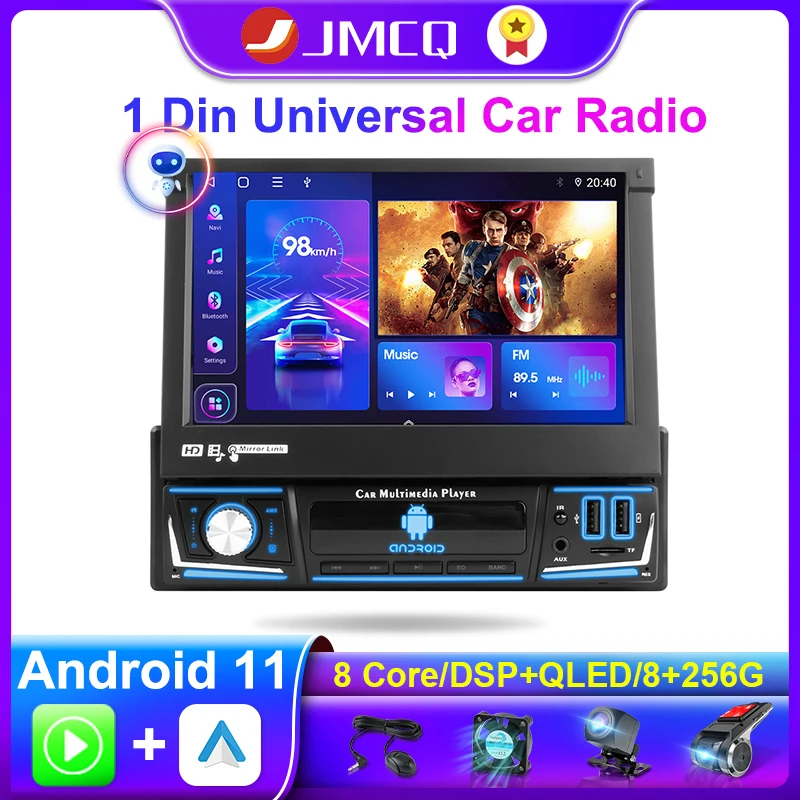 Jmcq 1 Din Car Radio Gps Navigation 7" Retractable Screen Android 10 ...