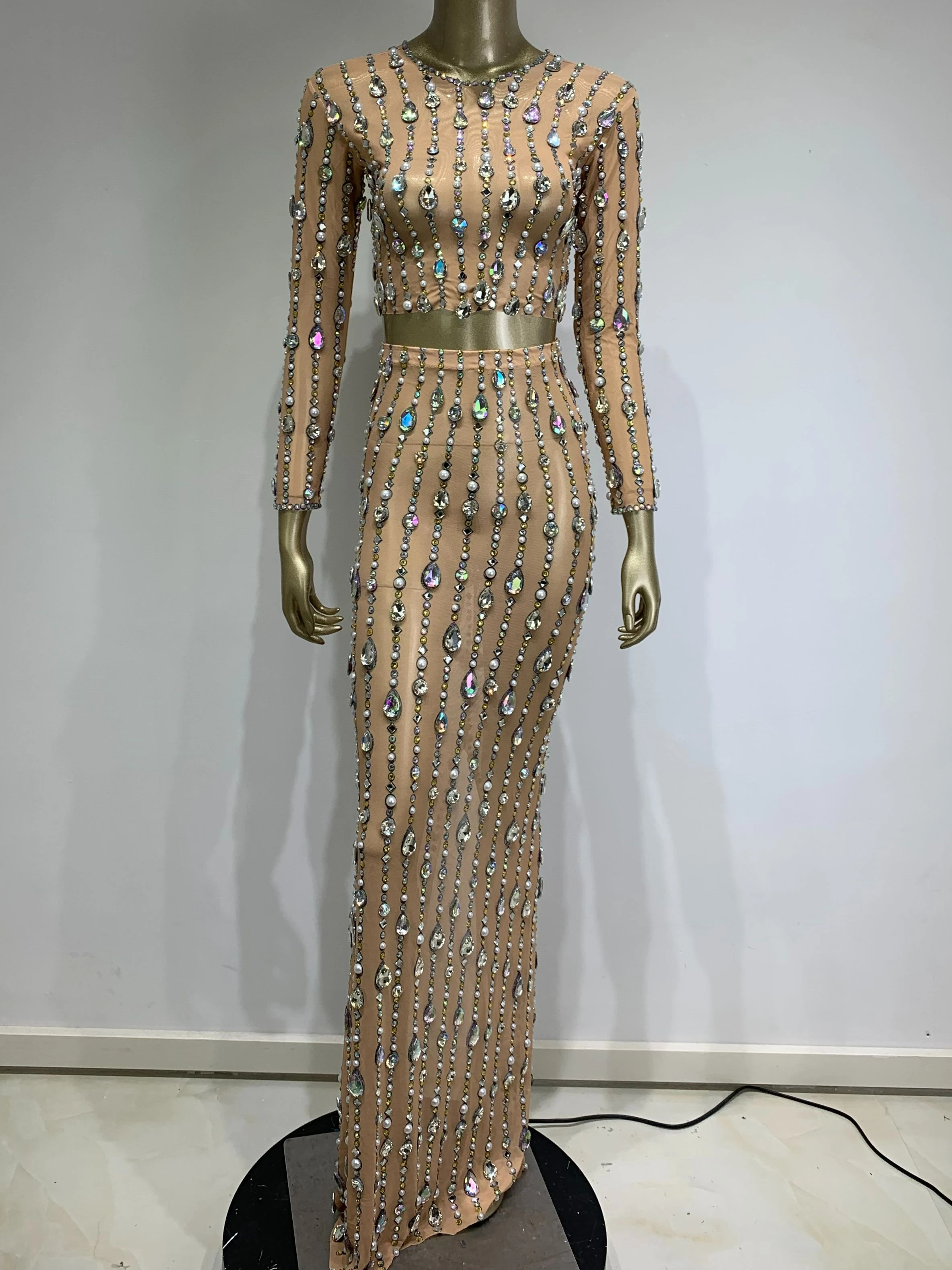 Women Luxury Water Drop Diamond Pearl Sexy Mesh Long Sleeve Skirt Set ...