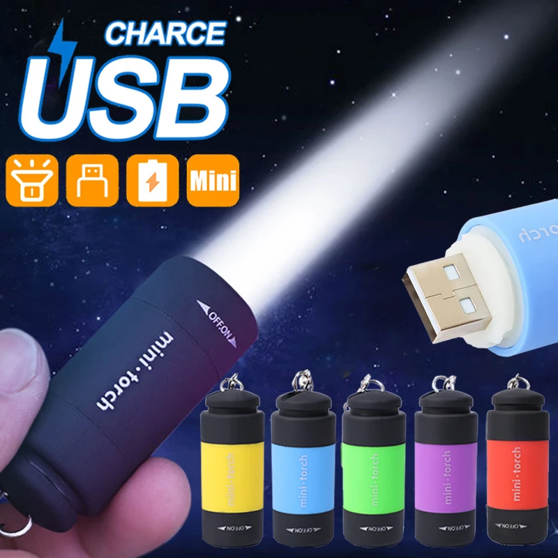 Mini LED Torch Light USB Charging Portabl Keychain Flashlight Rotary ...
