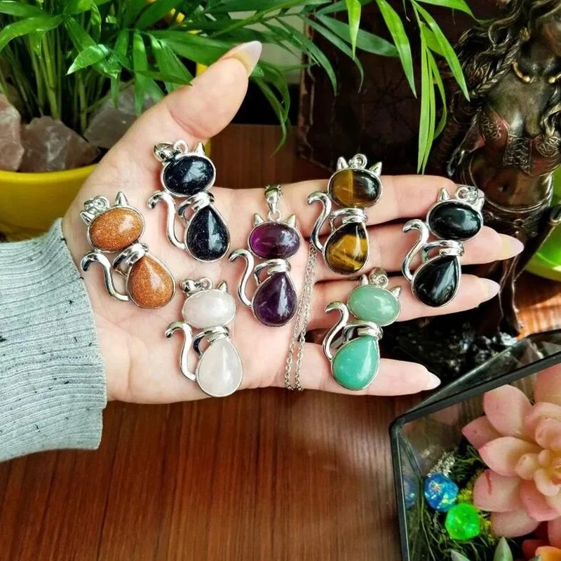 CSJA-Chakra-Natural-Stone-Pendant-Cute-Cat-Pendants-Suspension-for-Girl ...