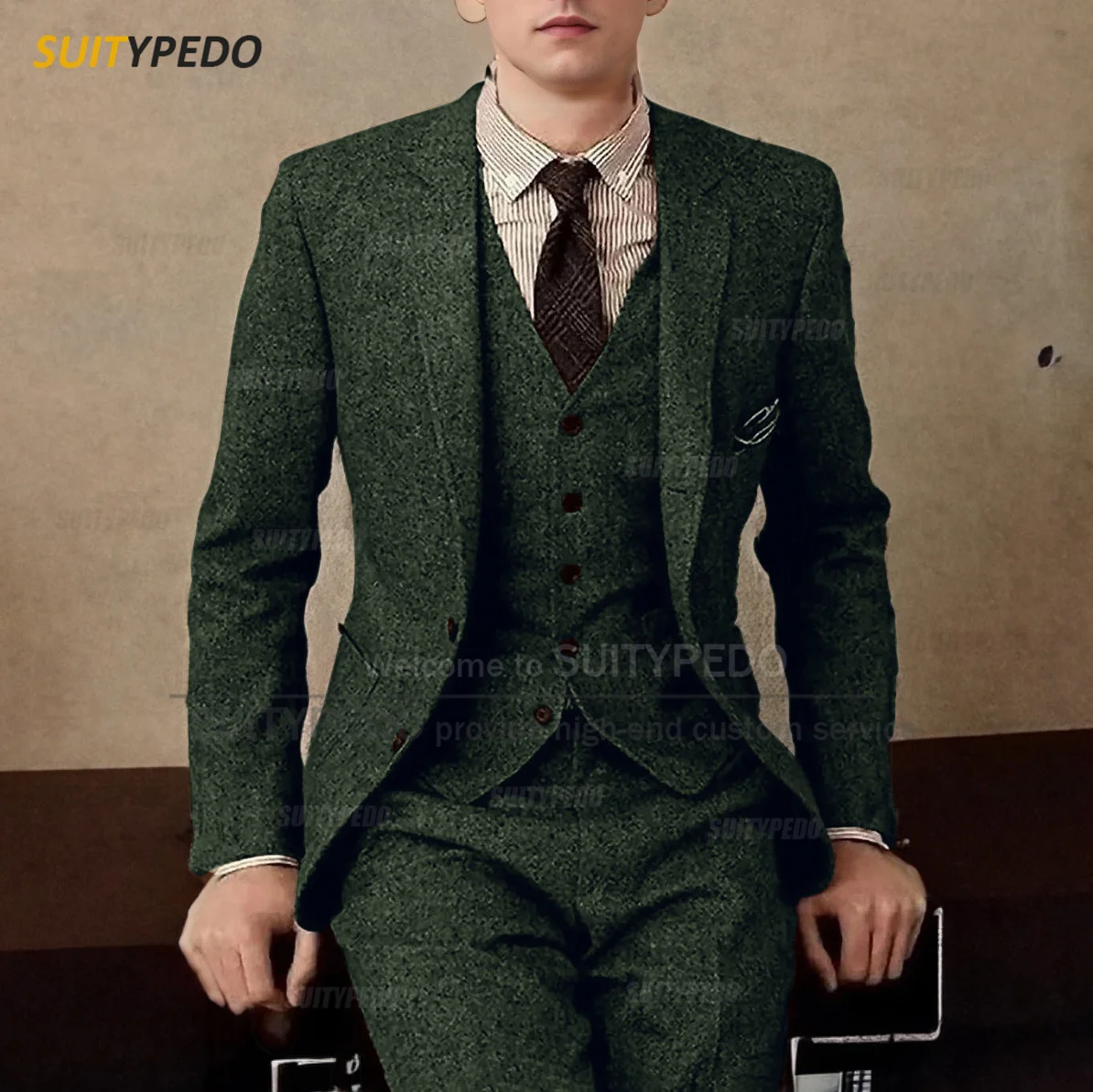 Fatos-de-Tweed-verde-slim-fit-masculino-jaqueta-espinha-de-rosa-colete ...