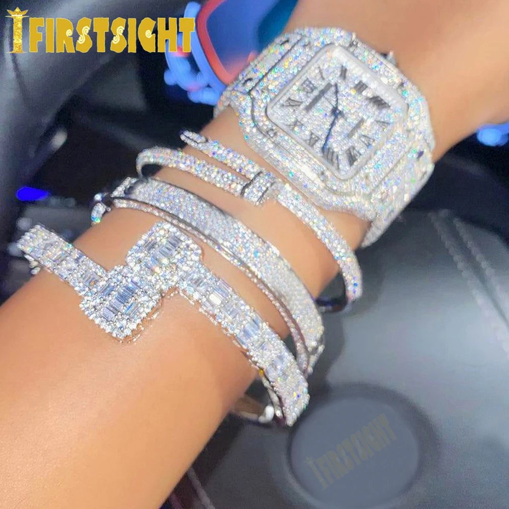 New Iced Out Bling Opened Square Zircon Charm Bracelet Gold Silver Color Baguette Aaa Cz Bangle ...